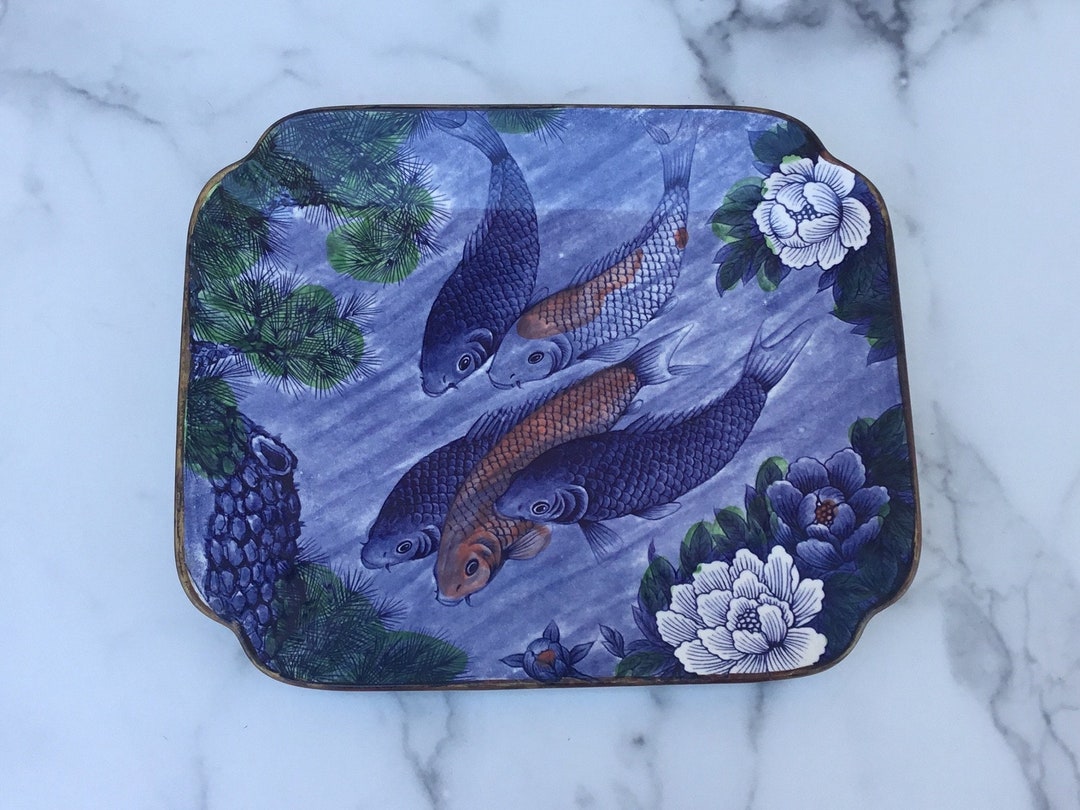 Vintage Koi Fish and Lotus Flowers Ceramic Platter, 13 Inch Japanese ...