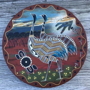 Australian Aboriginal Hand-painted Jarrah Timber Plate, Emu Hunt ...