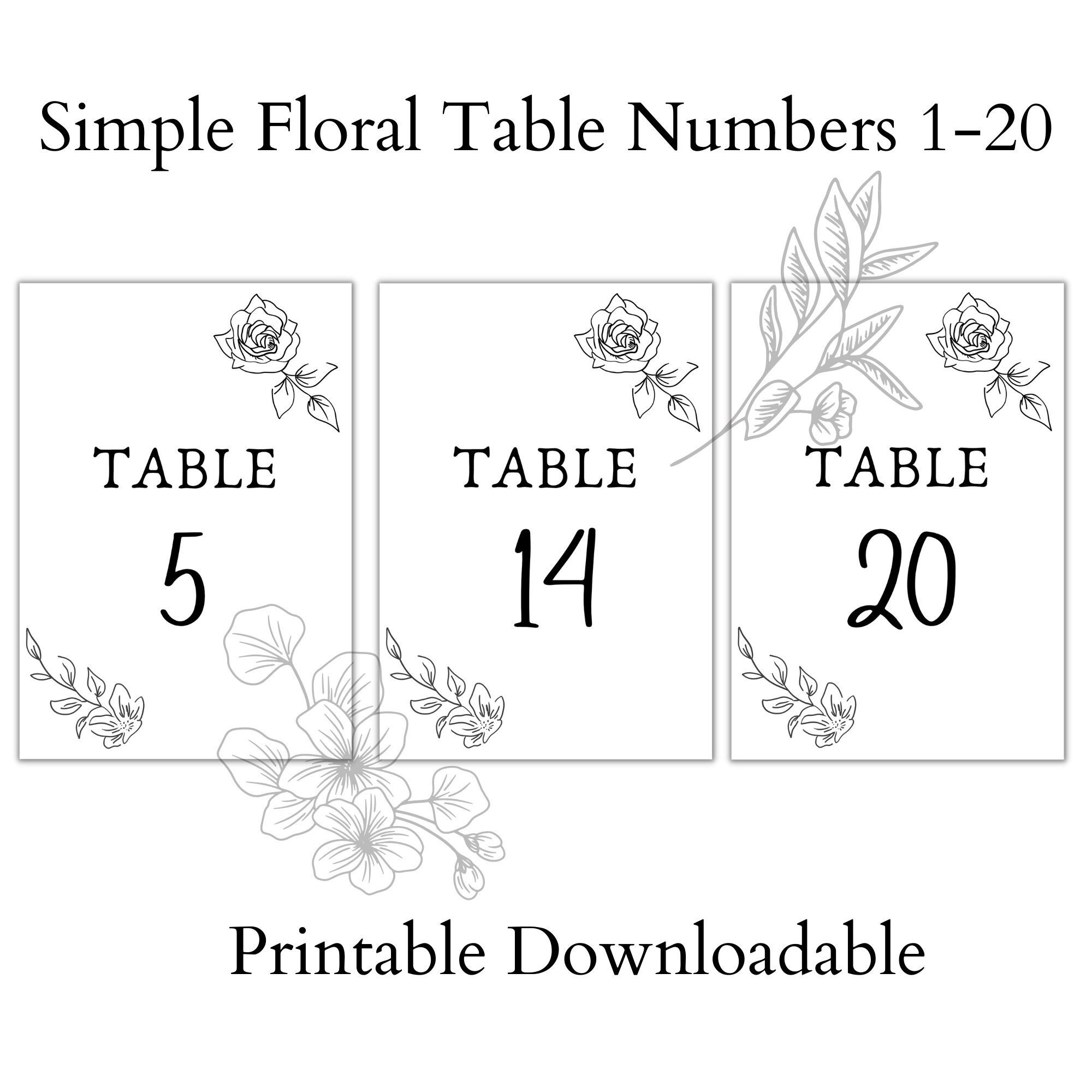 Printable Simple Floral Black and White Design Table Numbers | Etsy