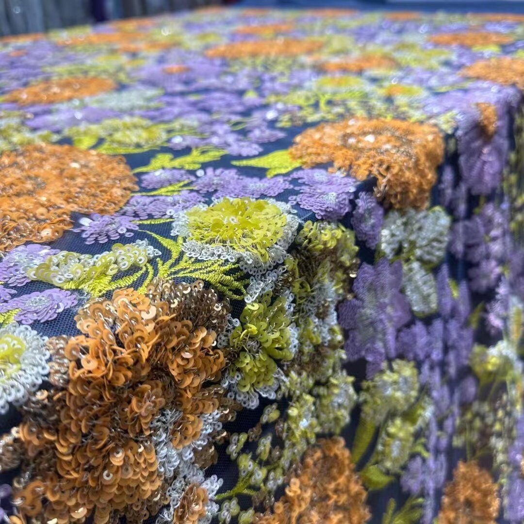 3D Flower Sequin Fabric,mix Colors Flower Fabric,heavy Embroidery Mesh ...