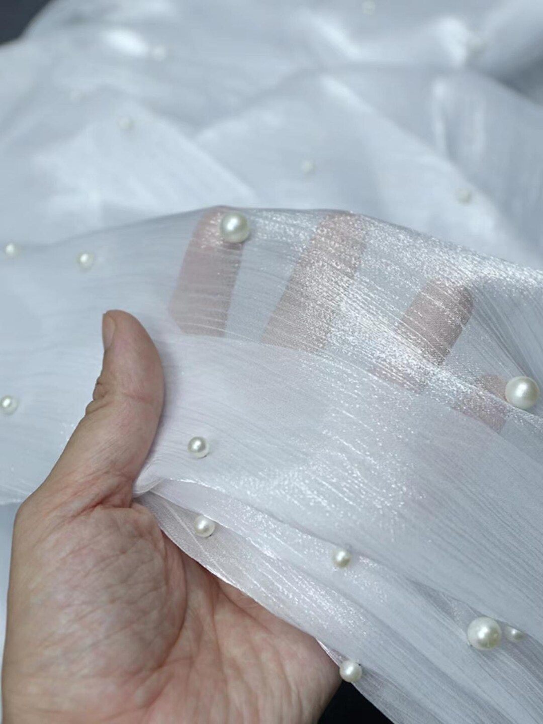 Off White Pearls Organza Fabric,bead Crinkle Organza,pearl Tulle Lace ...