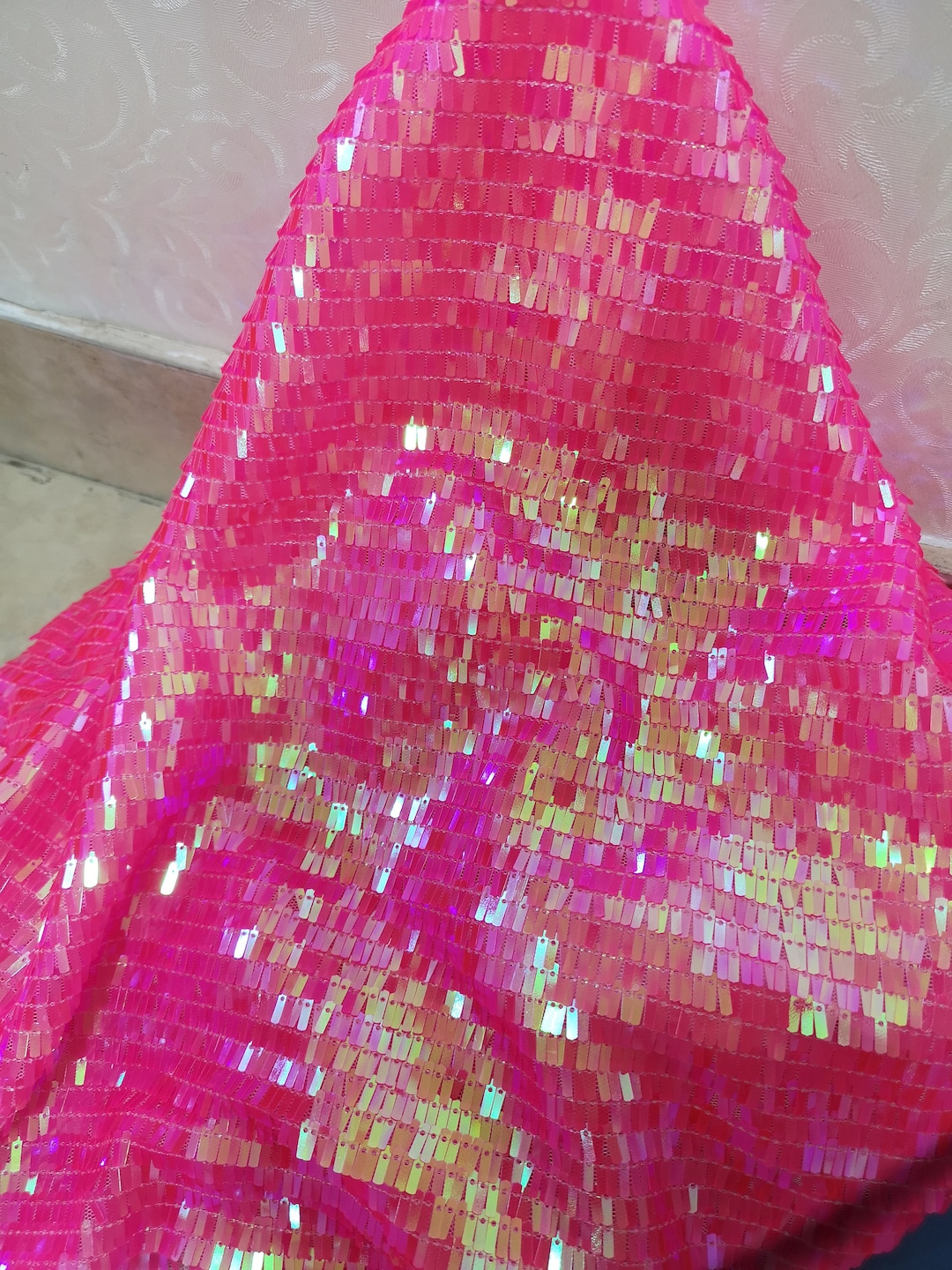 1 Yard Neon Hot Pink Sequin Fabric,sparkly Rectangular Sequins on Mesh ...