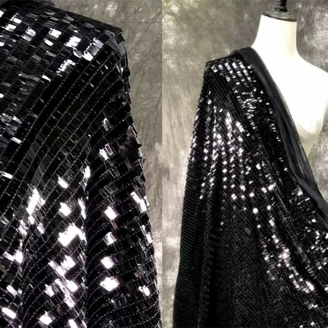 1 Yard Black Sequin Fabric,sparkly Rectangular Sequins on Mesh,silver ...