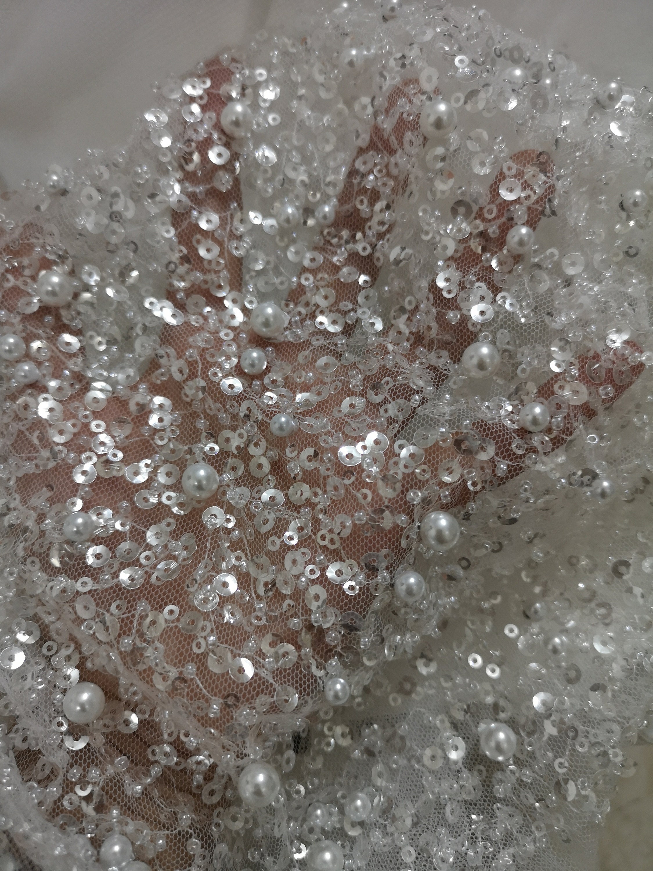 1yard Off- White Beaded,transparent Crystle Sequin Lace Fabric,wedding ...