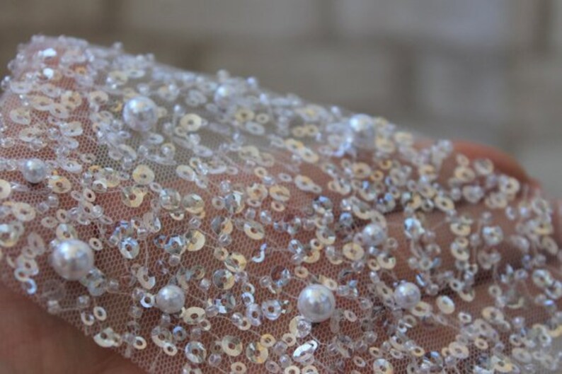 1yard Off- White Beaded,transparent Crystle Sequin Lace Fabric,wedding ...