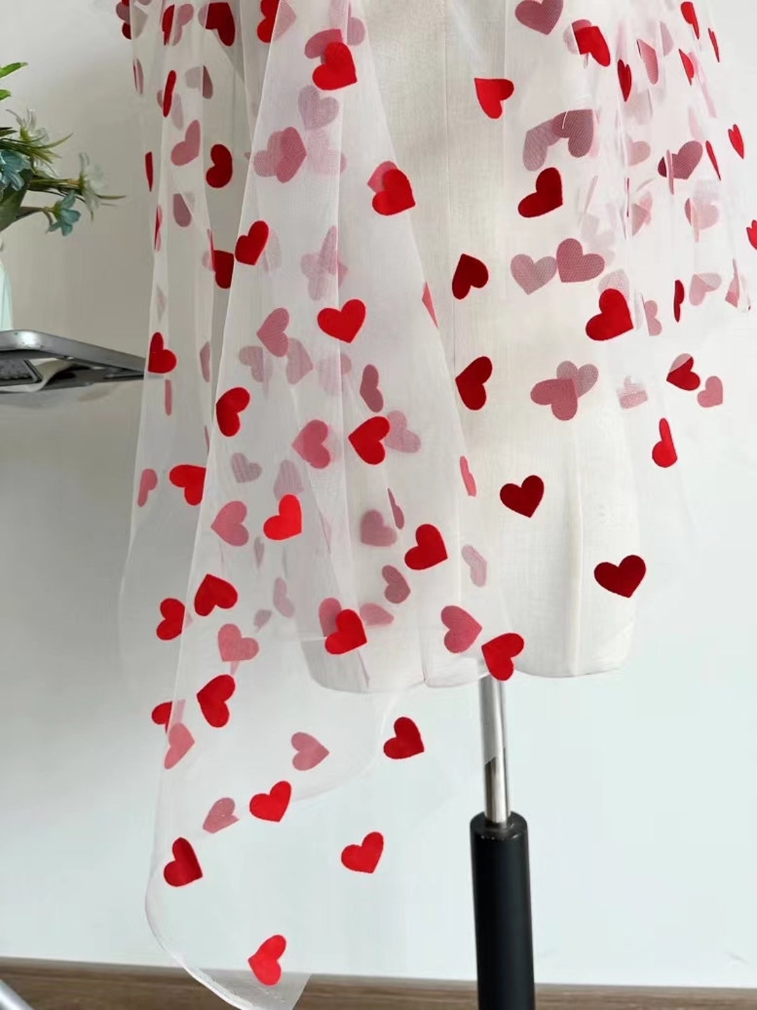 Red Heart Glitter Tulle Lace Fabric,glitter Heart Print on Light Pink ...