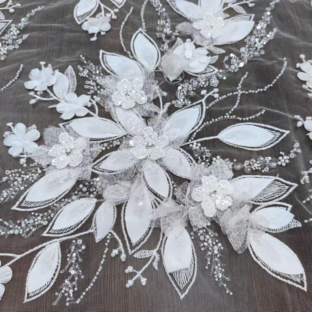 New!3d Flower Beaded Lace Fabric,off White Sequin Flower Lace ...
