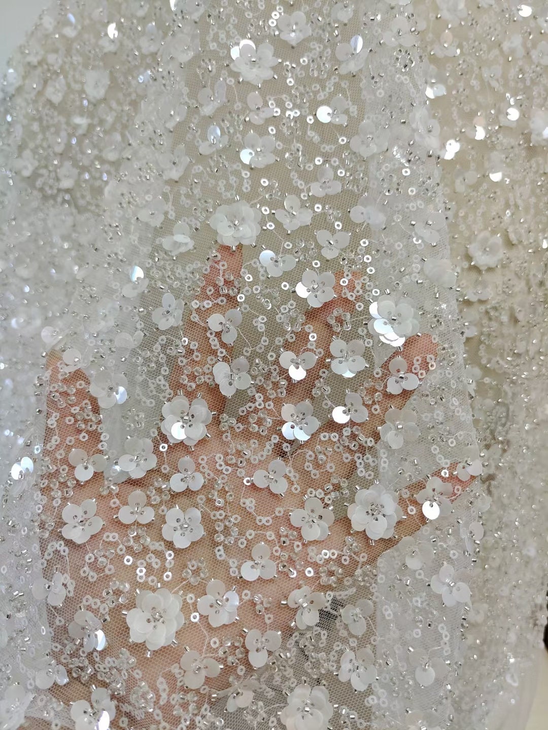 3D Flower Beaded Sequin Lace Fabric,off White Wedding Lace,embroidery ...