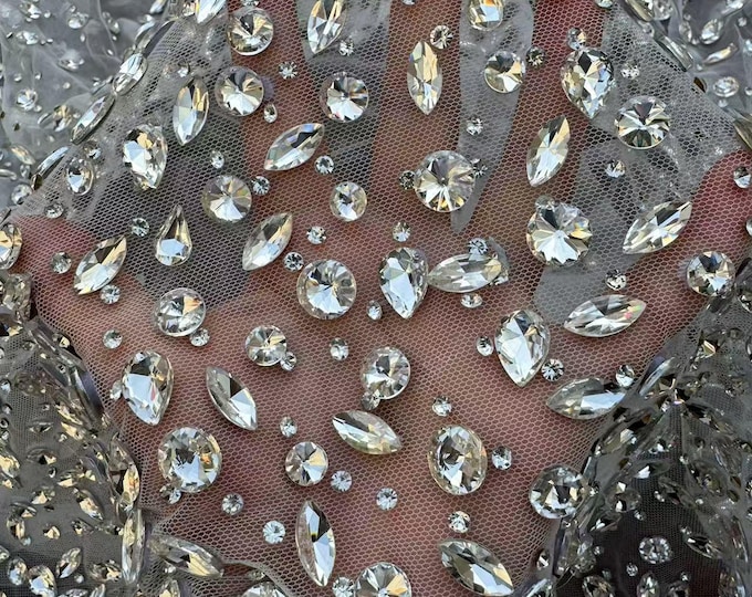 Crystal Silver Rhinestone Fabric,3d Mix Shape Rhinestone Stick on Mesh ...