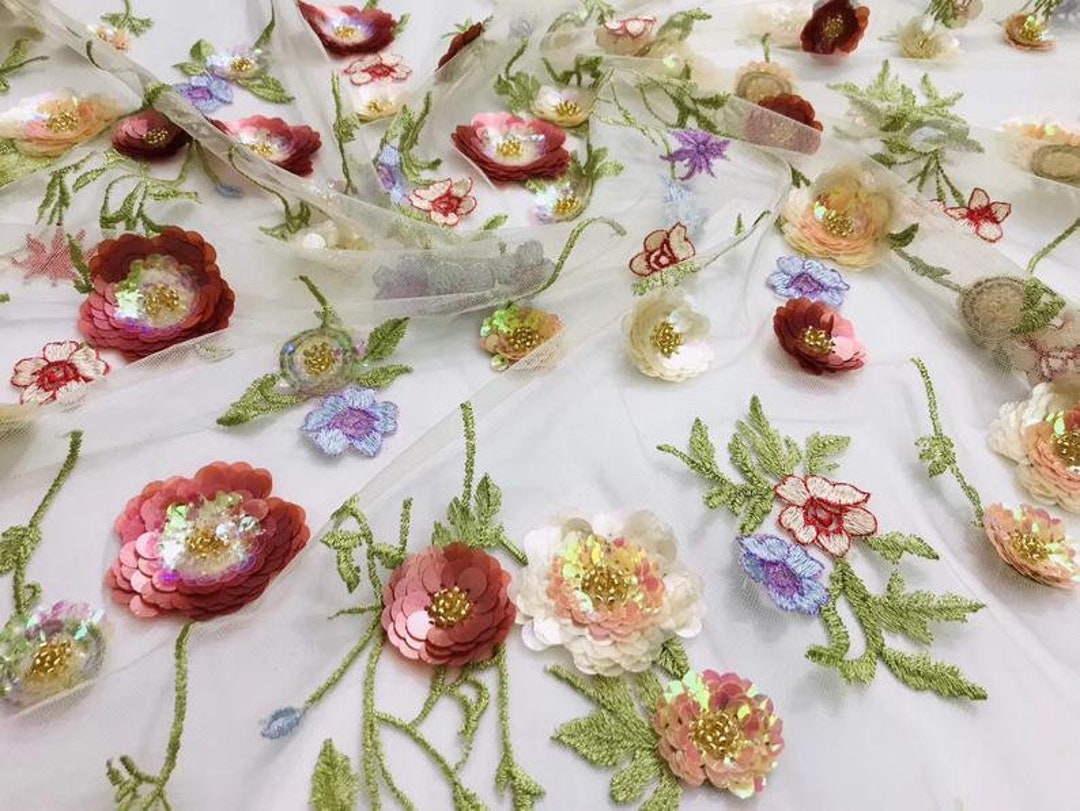 1 Yard 3D Floral Sequin Fabric,3d Flower Dress Fabric,embroidery Mesh ...