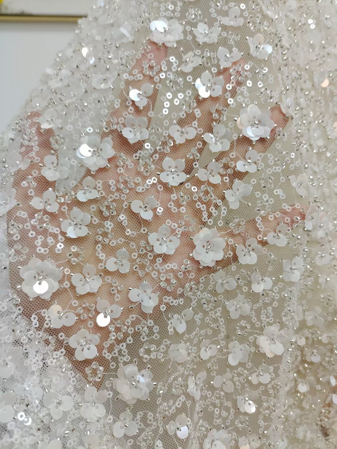3D Flower Beaded Sequin Lace Fabric,off White Wedding Lace,embroidery ...