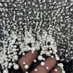Off White on Black Pearls Lace Fabric,beads Pearls Fixed on Smooth Mesh ...