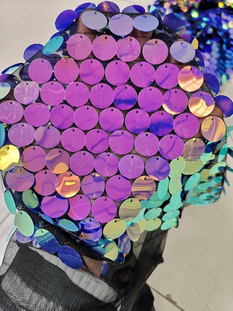 1 Yard Iridescent Purple&blue Sequin Fabric,18mm Sequins on Mesh ...