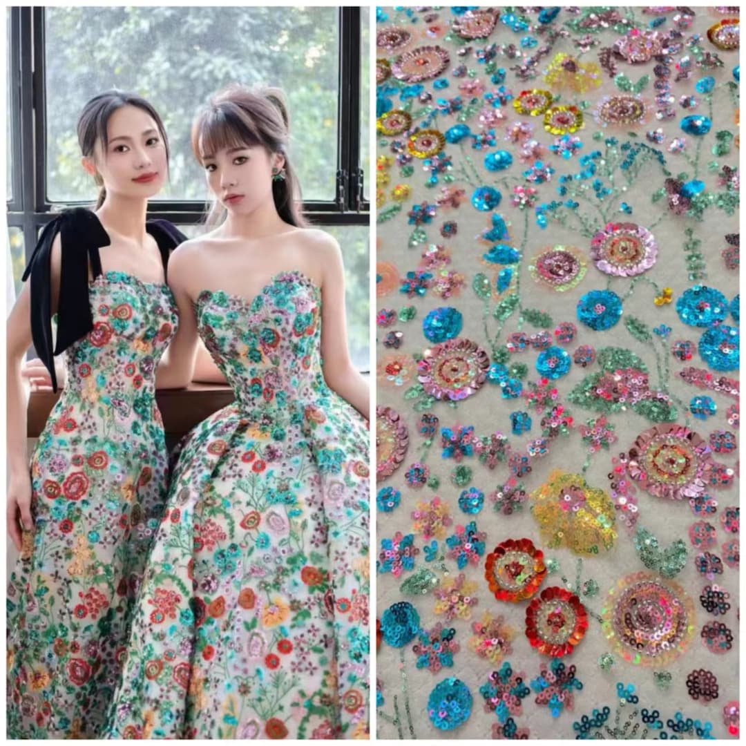 1yard 3D Floral Sequin Bead Fabric,3d Flower Dress Fabric,embroidery ...