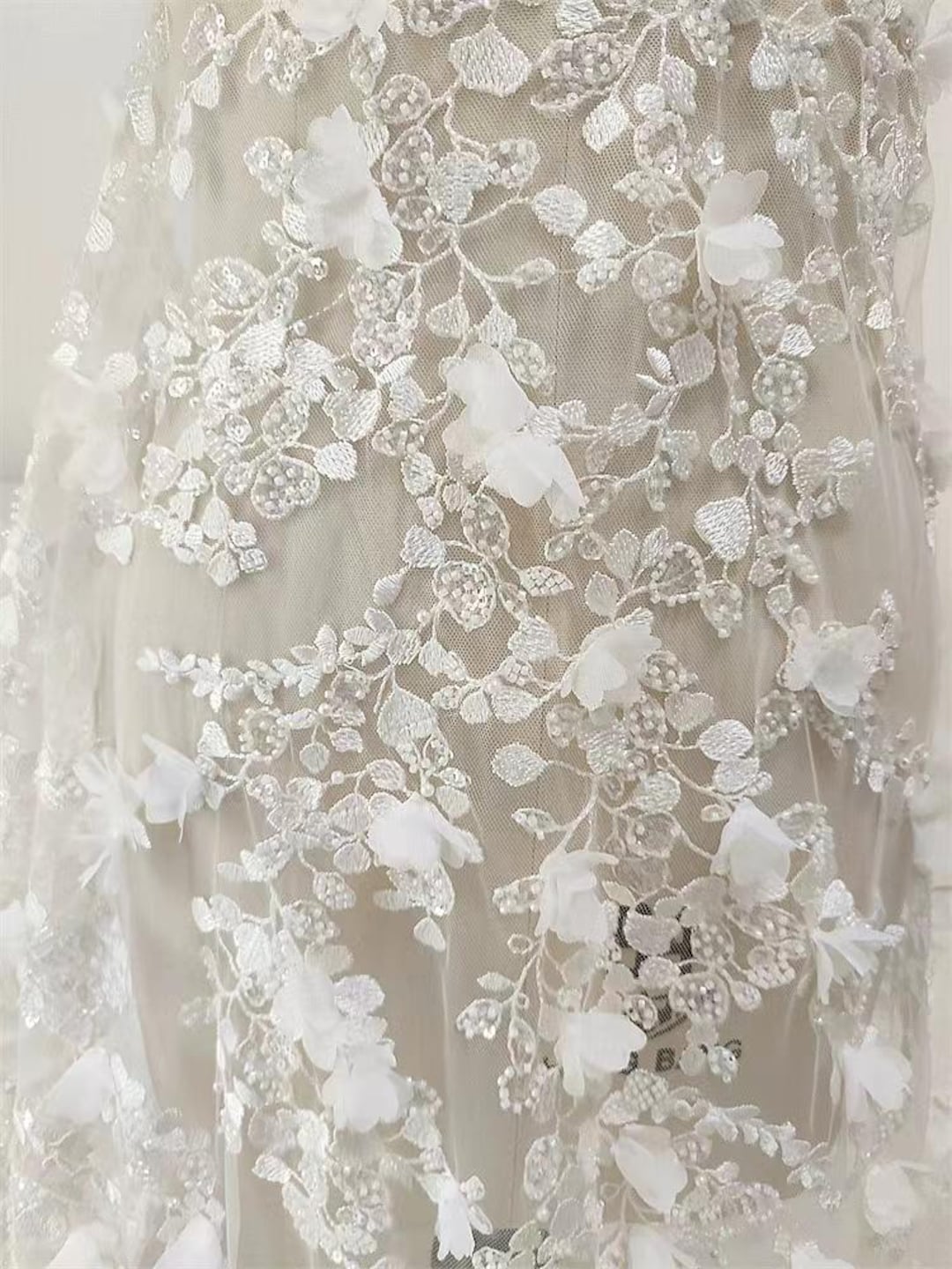 3D Flower Beaded Lace Fabric,off White Sequin Flower Lace,embroidery ...