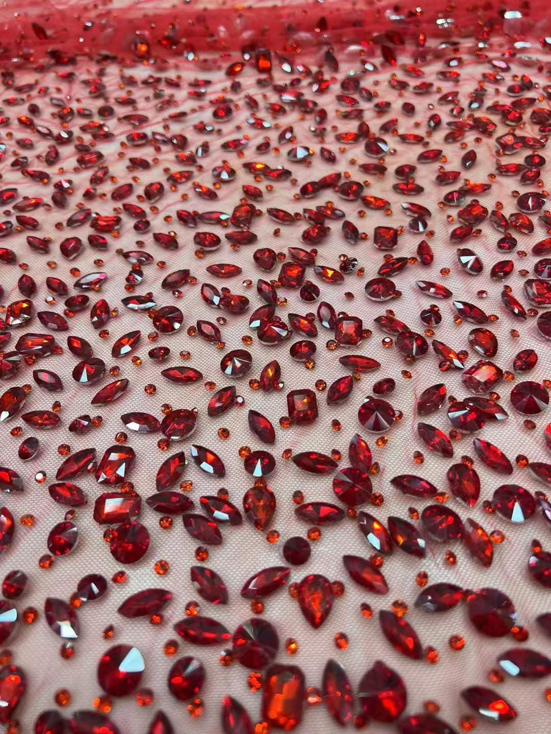 Crystal Red Rhinestone Fabric,3d Glass Stones Stick on Mesh,heavy Bead ...