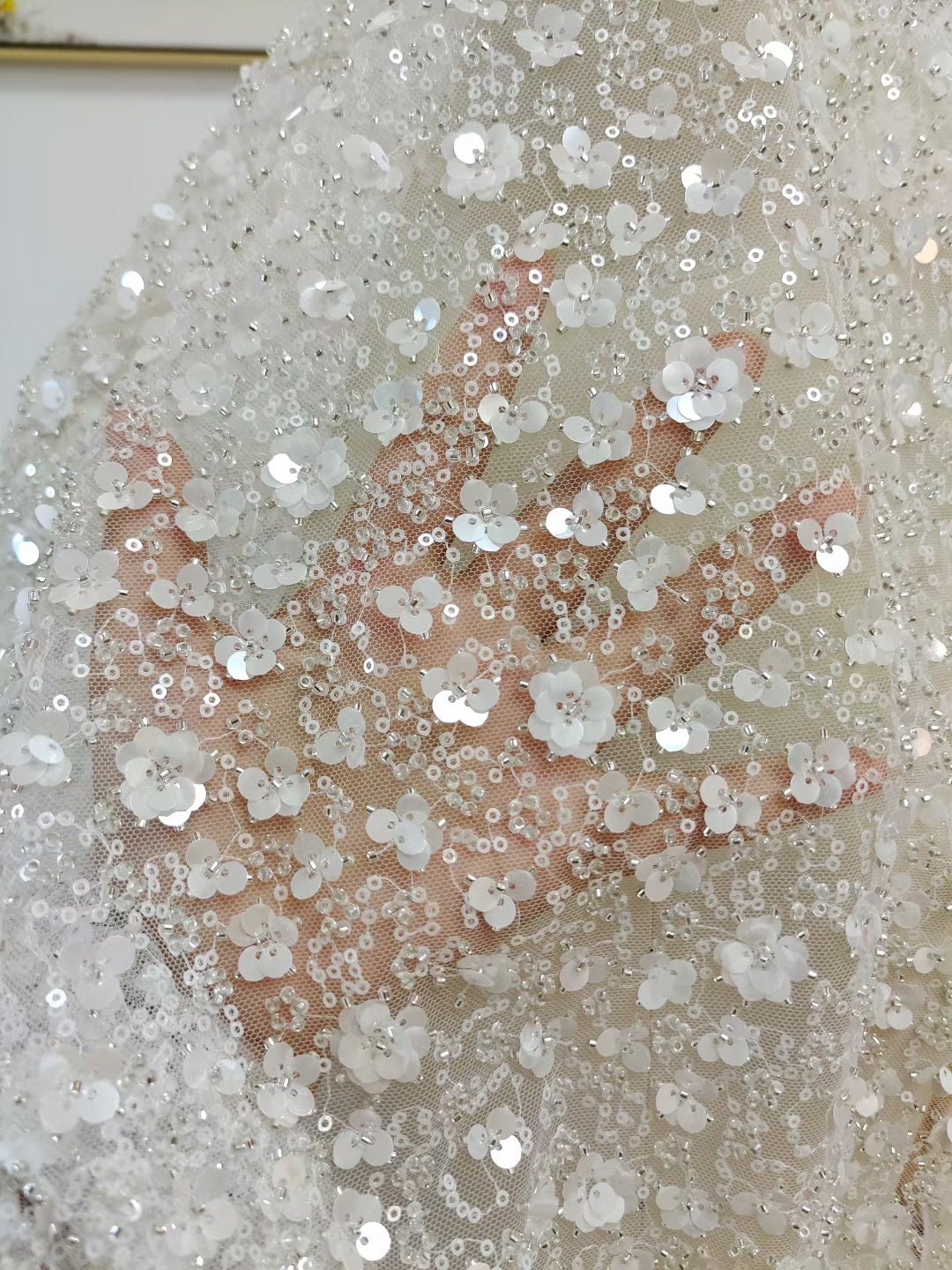 3D Flower Beaded Sequin Lace Fabric,off White Wedding Lace,embroidery ...