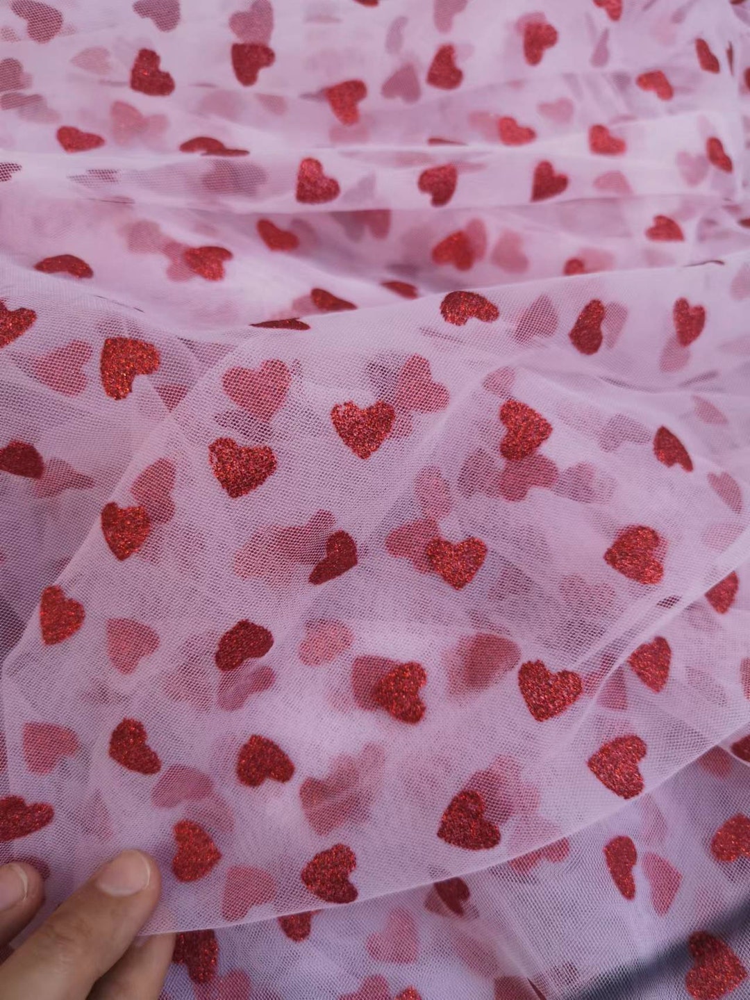 Red Glitter Heart Tulle Lace Fabric,glitter Heart Hot Stamping on Light ...