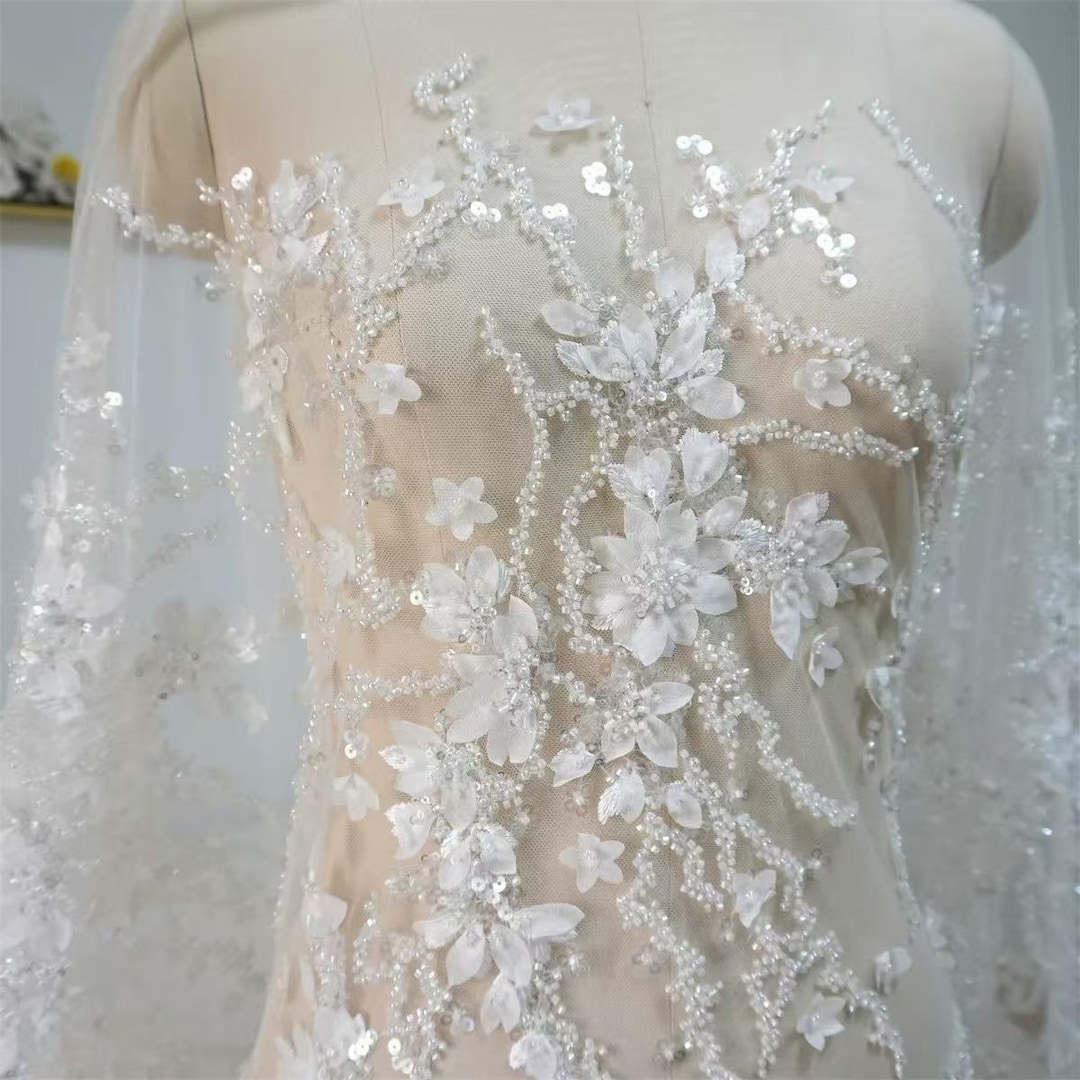 New!3d Flower Beaded Lace Fabric,off White Sequin Flower Lace ...
