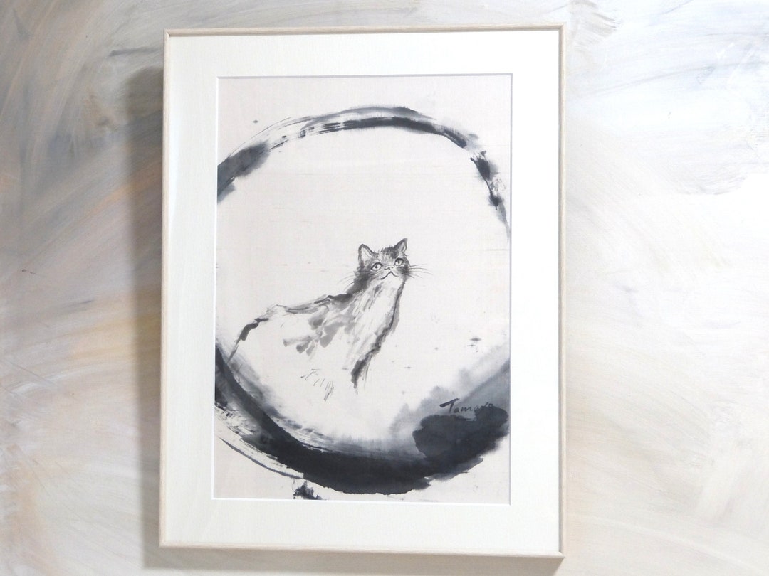 Cat and Enso, Zen Art, Japanese Traditional Black Ink Painting, Sumie ...