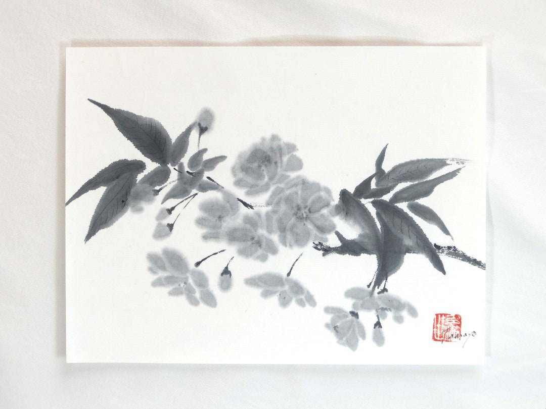 Sakura, Cherry Blossoms, Japanese Traditional Black Ink Painting, Sumie ...