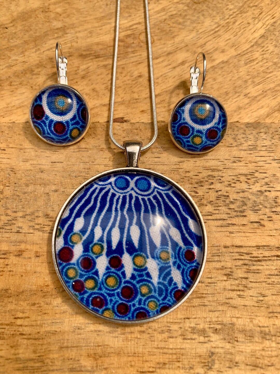Beautiful Australian Indigenous Blue Fabric Pendant and Hanging Earring ...