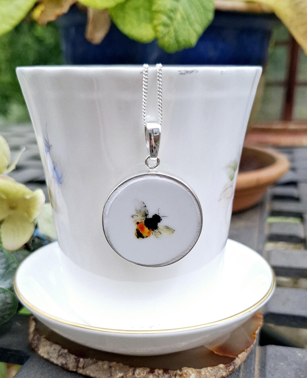 Bumble Bee Broken China Pendant: Sterling Silver Necklace, 20th ...