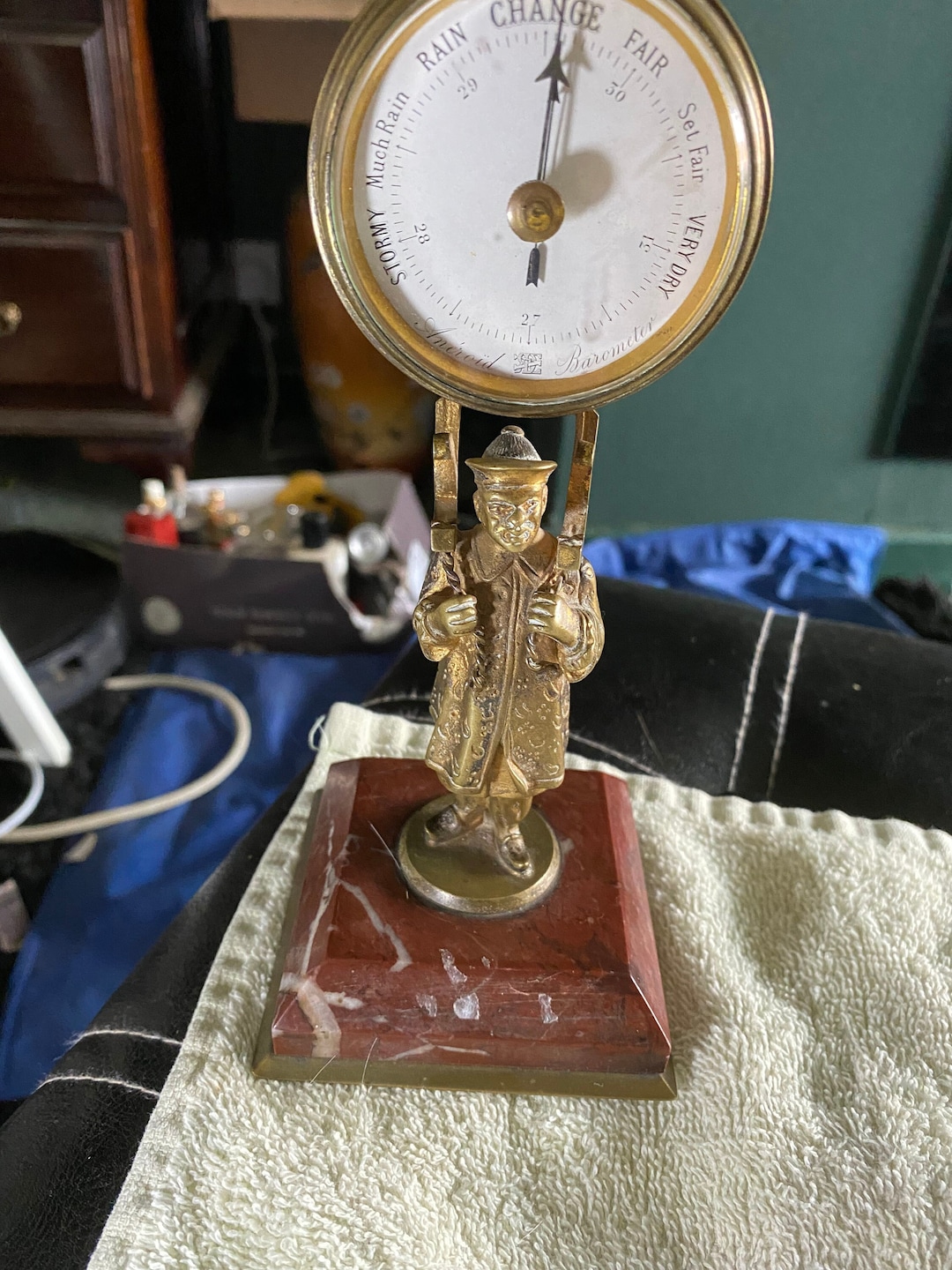 19th Century Table Top Chinese Figurine Brass Aneroid Barometer Marble ...