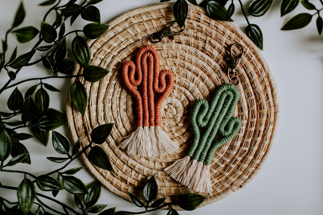 Macrame Cactus Keyring Bag Charm | Houseplant Gift Keychain | Succulent ...