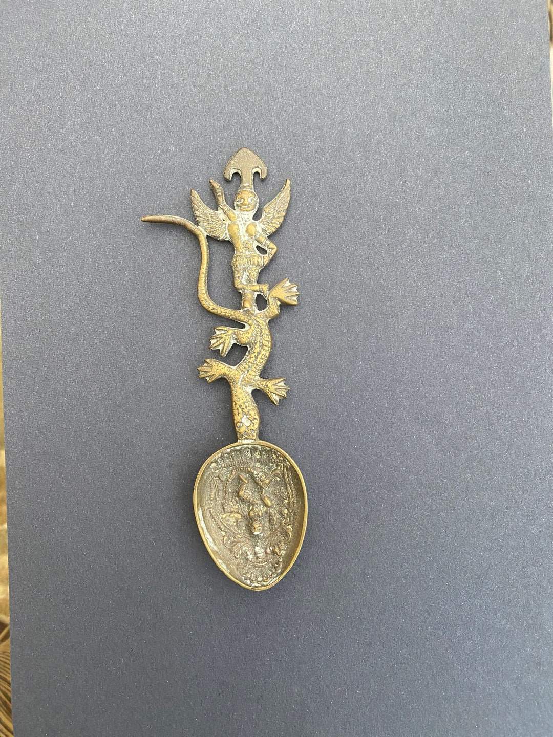 Vintage Brass Indian Lizard Spoon Krishna Deity Altar Incense Offering ...