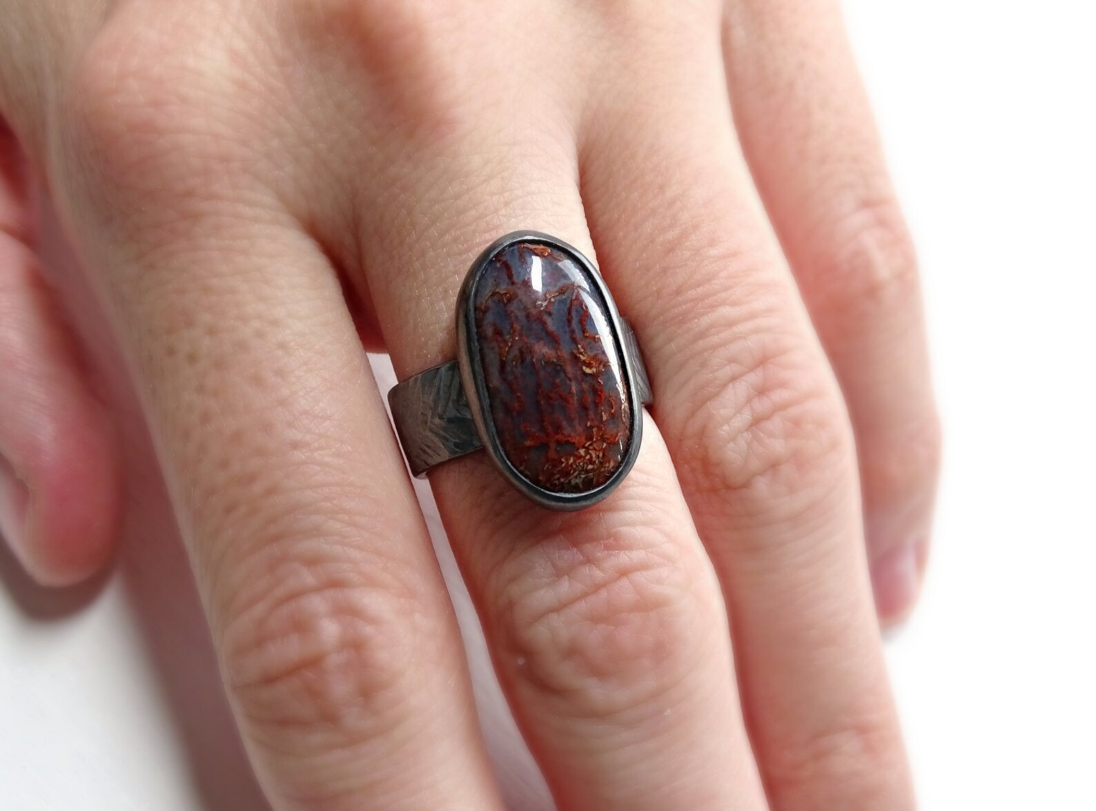 Agatized Dino Bone Ring Unique Mens Ring Silver Red Dino - Etsy