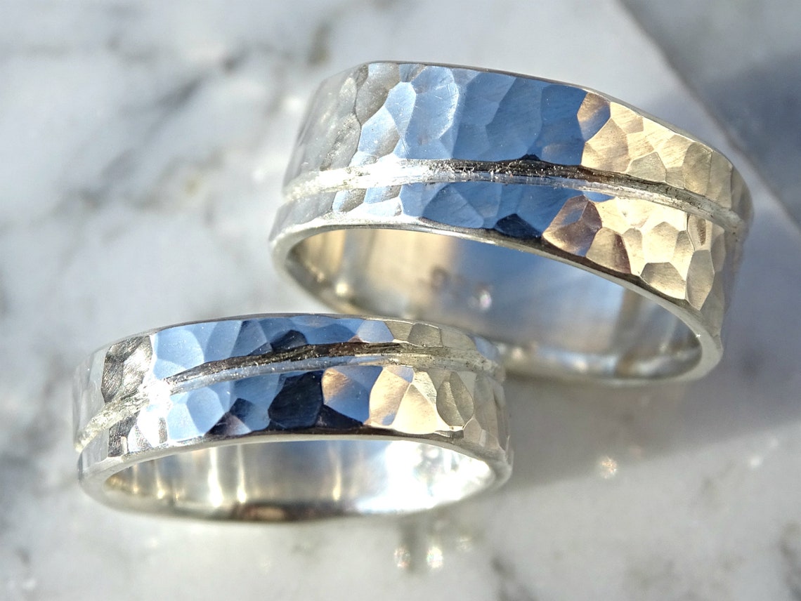 Silver Wedding Band Set Wave Rings Silver Engraved Wedding - Etsy