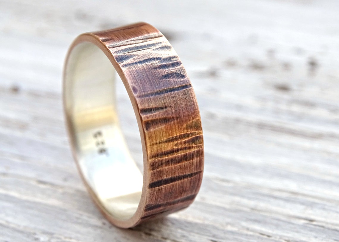 Wood Grain Ring Mixed Metal Wedding Ring Mens Wedding Band - Etsy