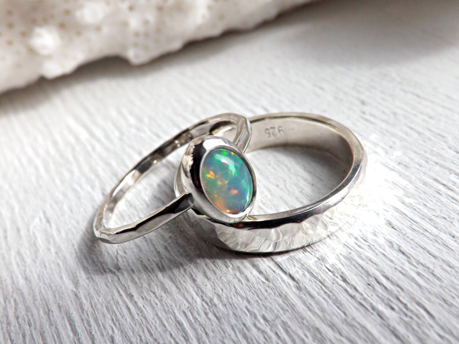 Silver Opal Ring Set Opal Bridal Ring Set Opal Engagement | Etsy