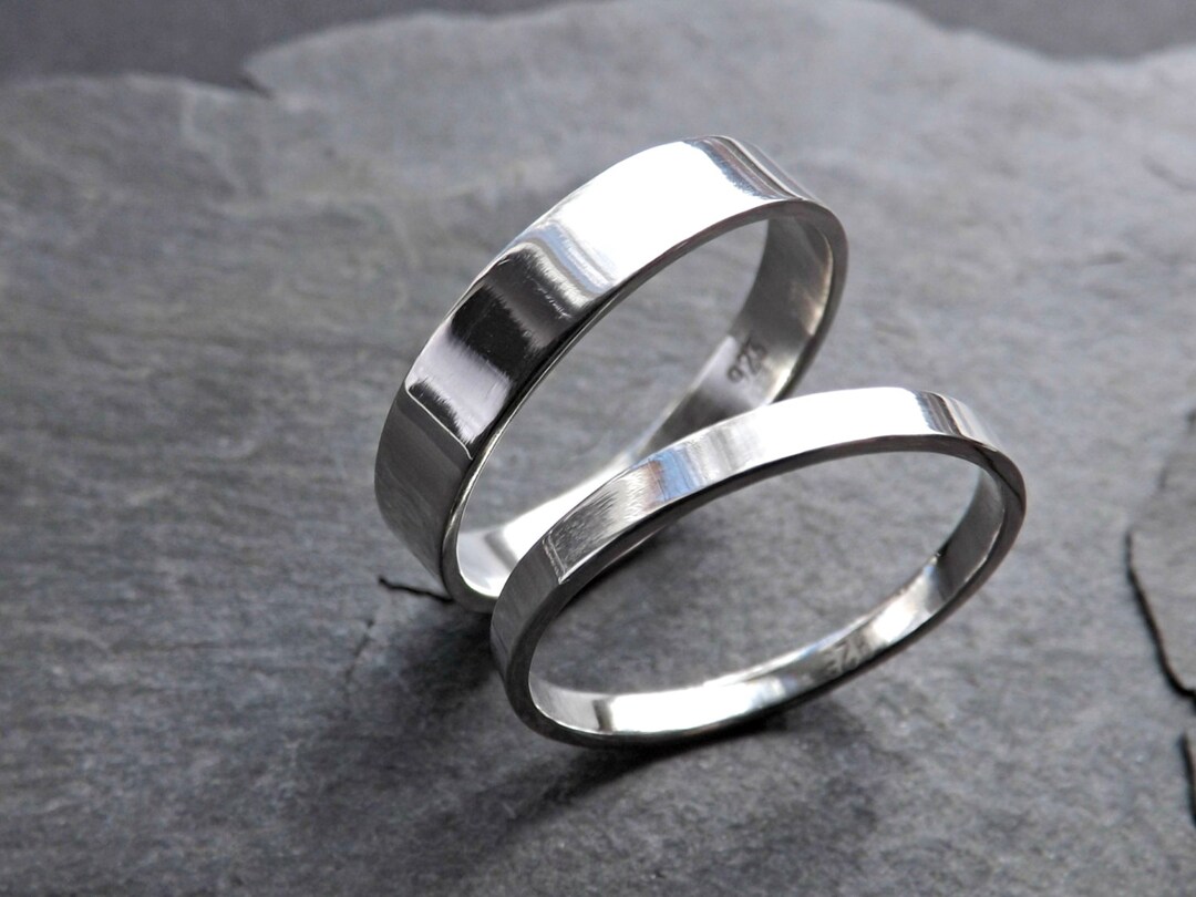 Simple Silver Ring Set, Engagement Ring Set, Matching Wedding Bands His ...