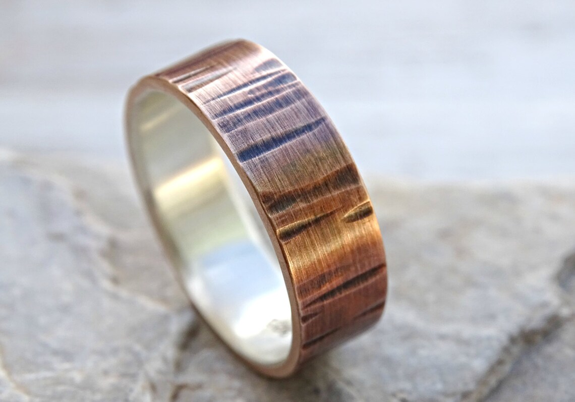 Wood Grain Ring Mixed Metal Wedding Ring Mens Wedding Band - Etsy