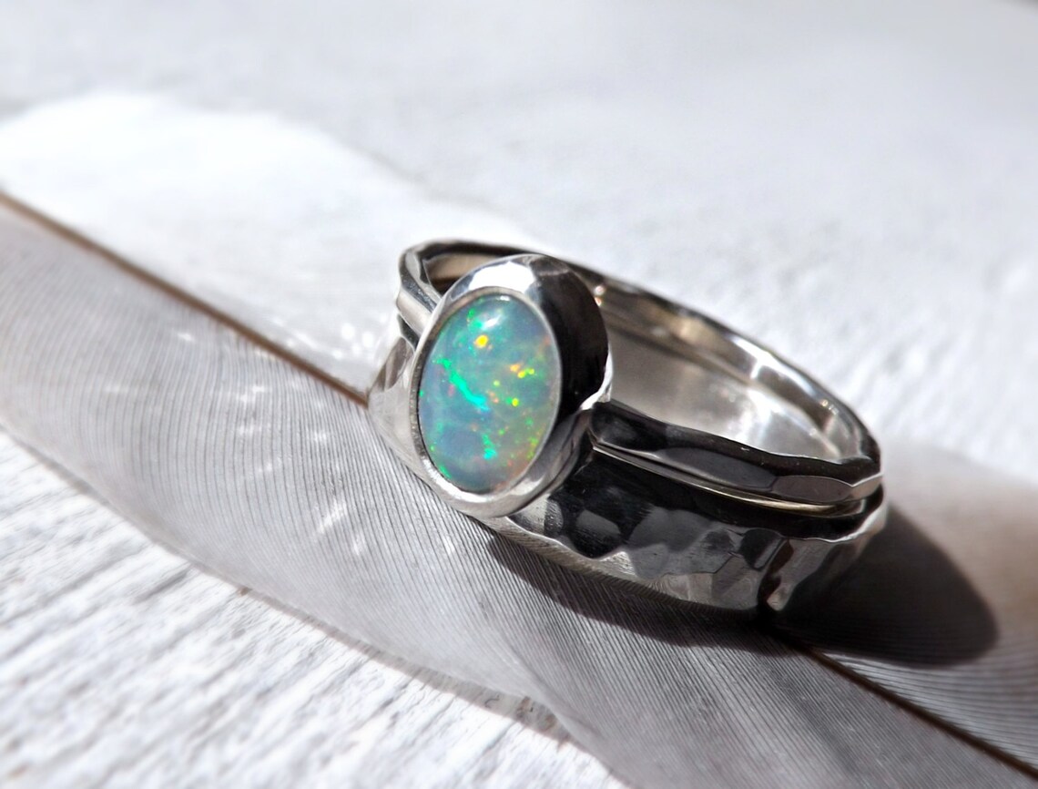 Silver Opal Ring Set Opal Bridal Ring Set Opal Engagement - Etsy
