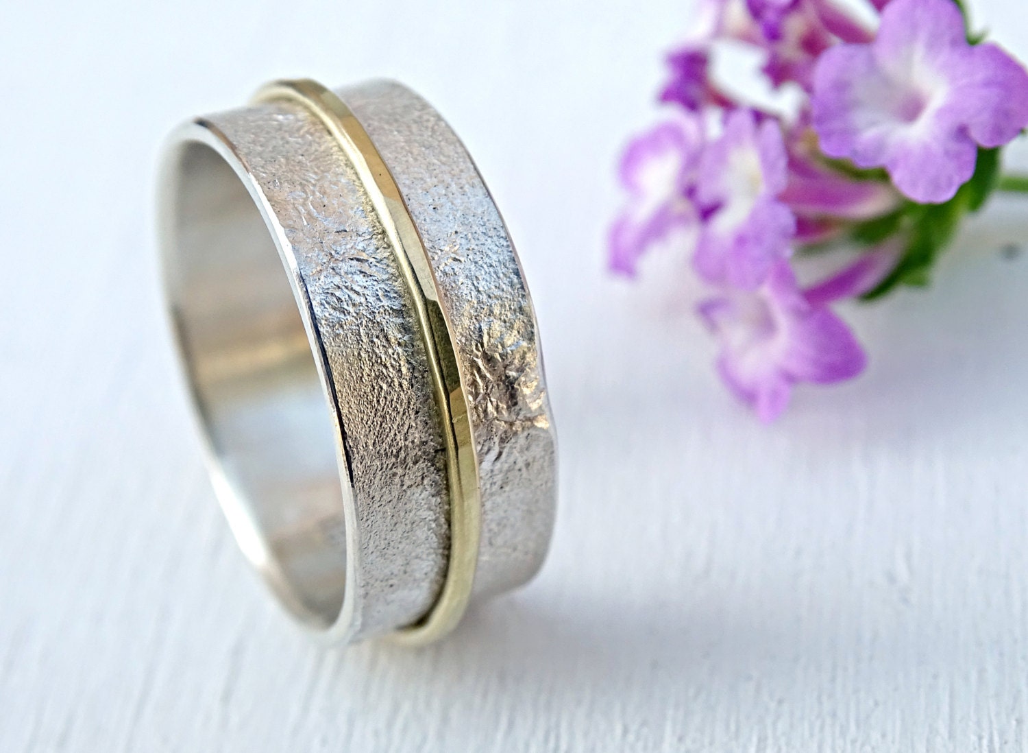 Zweifarbiger Ring Gold Silber, retikulierter Silberring mit echtem Gold ...