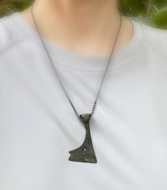 real viking axe pendant, large bronze mens necklace, … - Gem