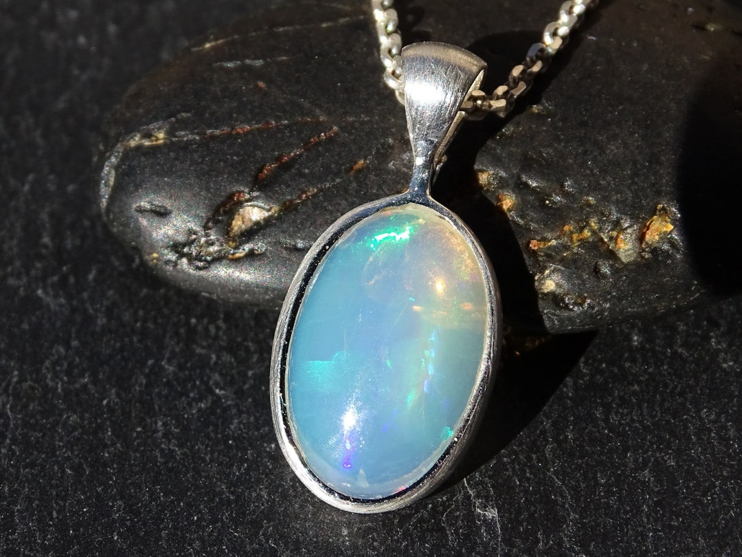 Welo Opal Necklace Silver, Real Opal Pendant Silver, White Opal Pendant ...