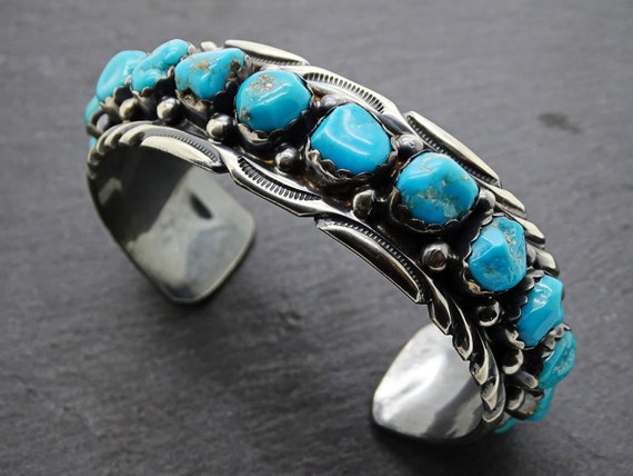 mens silver cuff turquoise, Native American cuff brac… - Gem