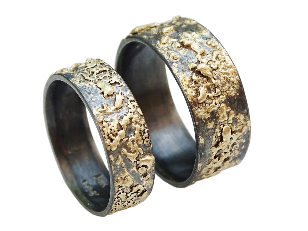 Molten Gold Silver Wedding Ring Set: Oxidized Sterling, Unique Bands ...