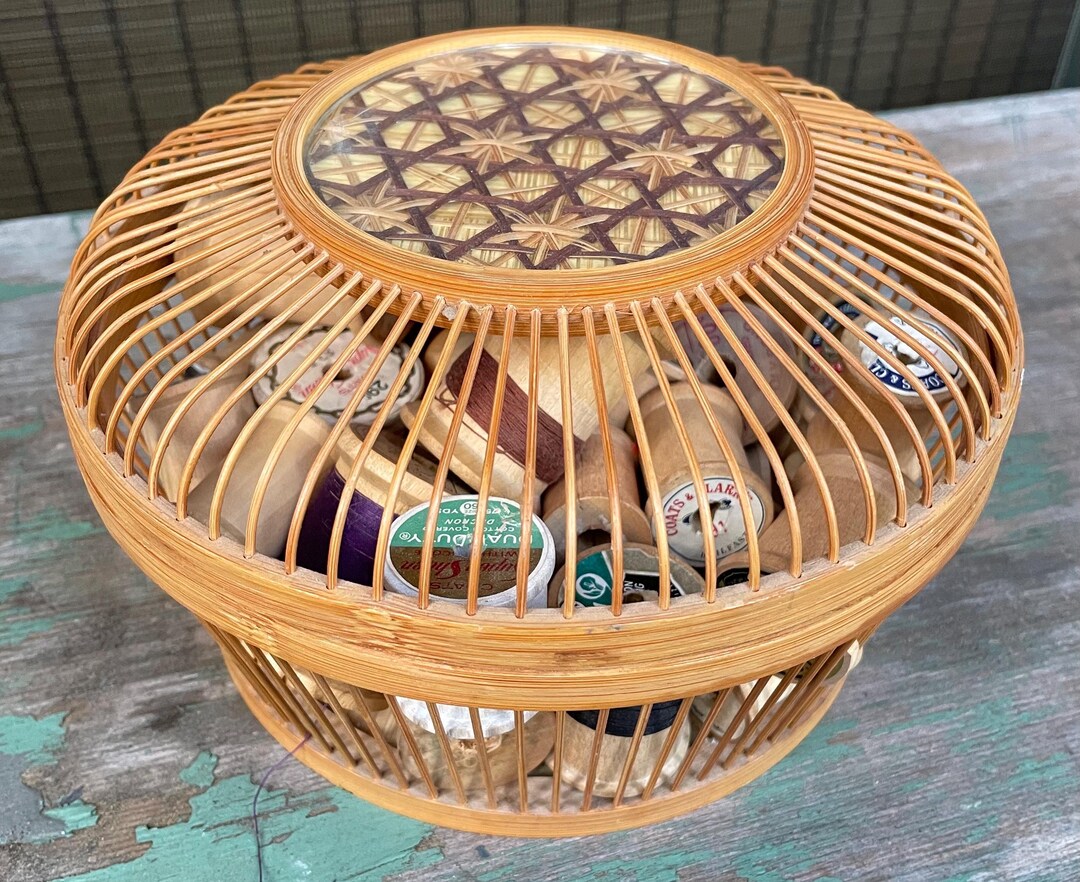 Rattan Lucky Cricket Basket With Woven & Glass Top Filled With Vintage ...