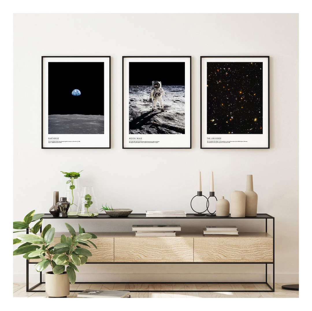 Set of Three Iconic Space Unframed Prints, Moonwalk Earthrise Universe ...