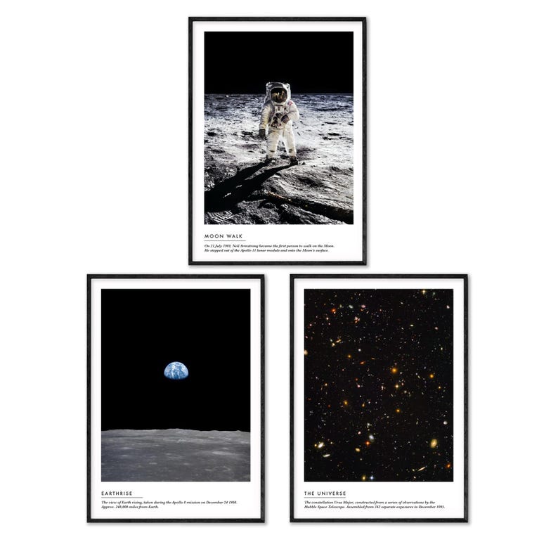 Set of Three Iconic Space Unframed Prints, Moonwalk Earthrise Universe ...