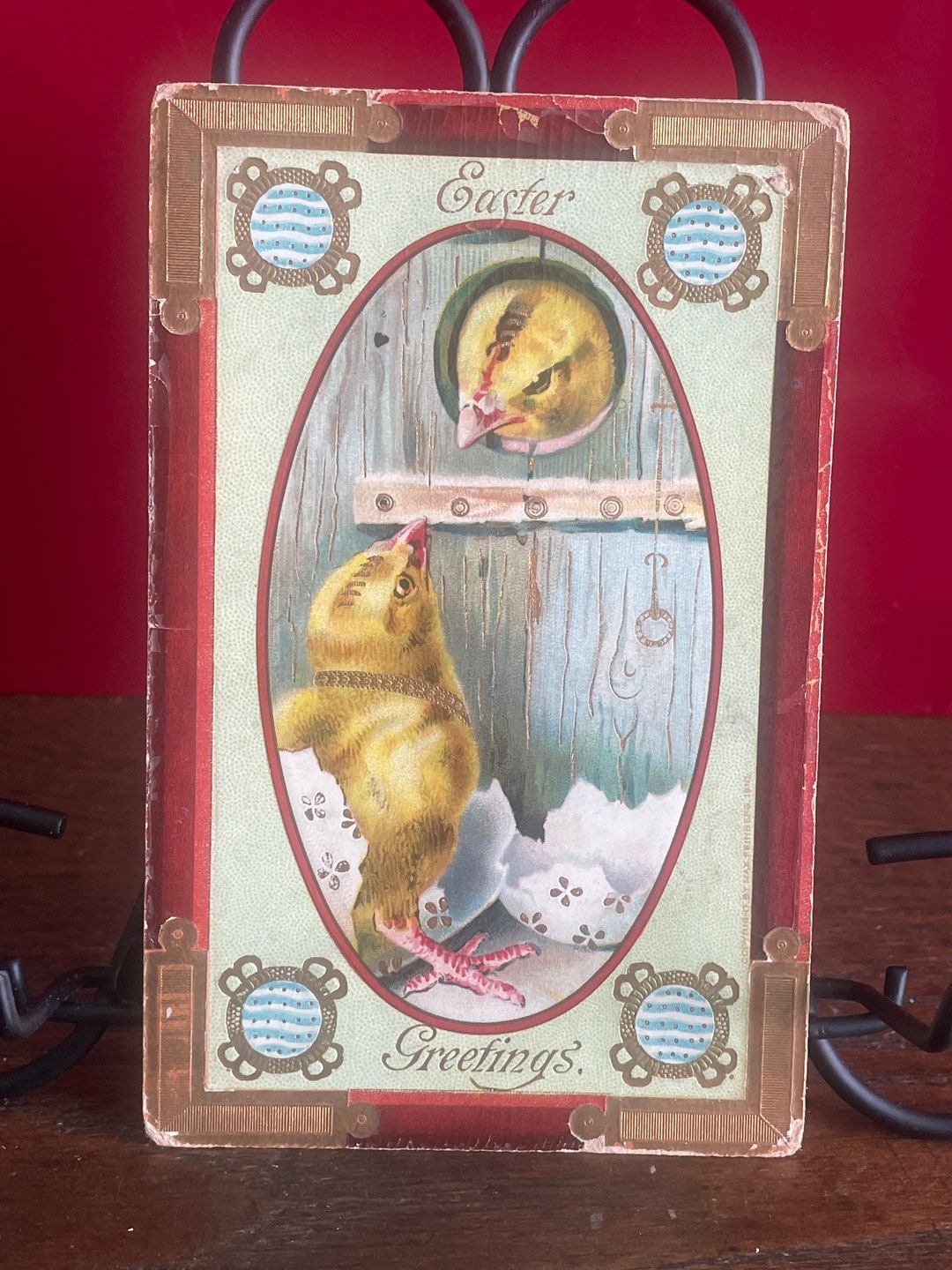 EA22G, Antique Gold Gel Easter Postcard, Easter Greetings. Two Yellow ...