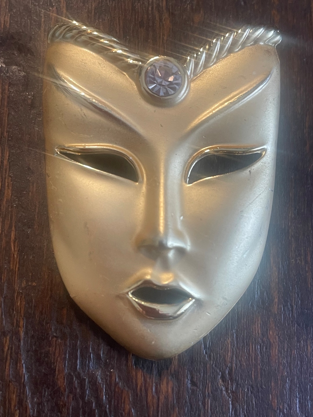 Mask Brooch Pin, Gold Tone Face, Clear Rhinestone Crystal Accent, Pre ...