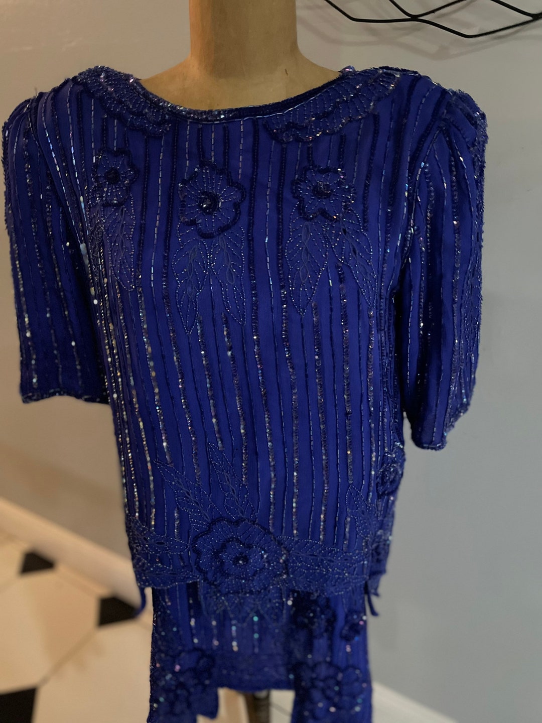 Two Piece Royal Blue Silk Sequin Set, Blouse and Skirt , Made by ...