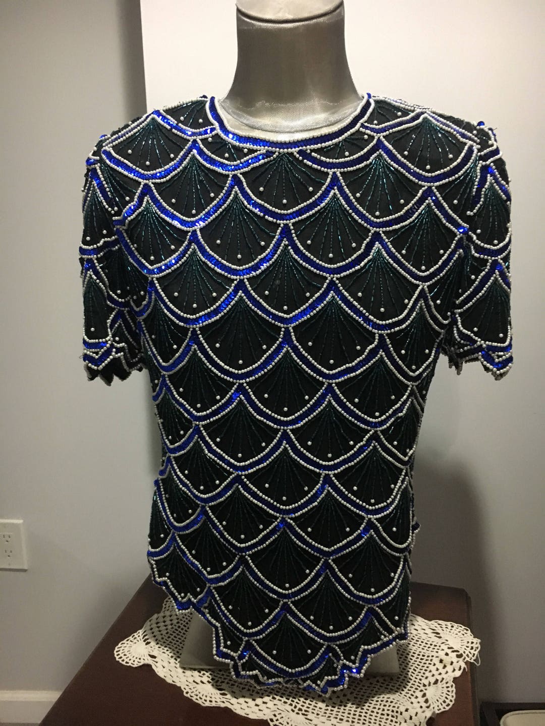 Laurence Kazar Fish Scale Beaded Top With White Pearls,royal Blue ...