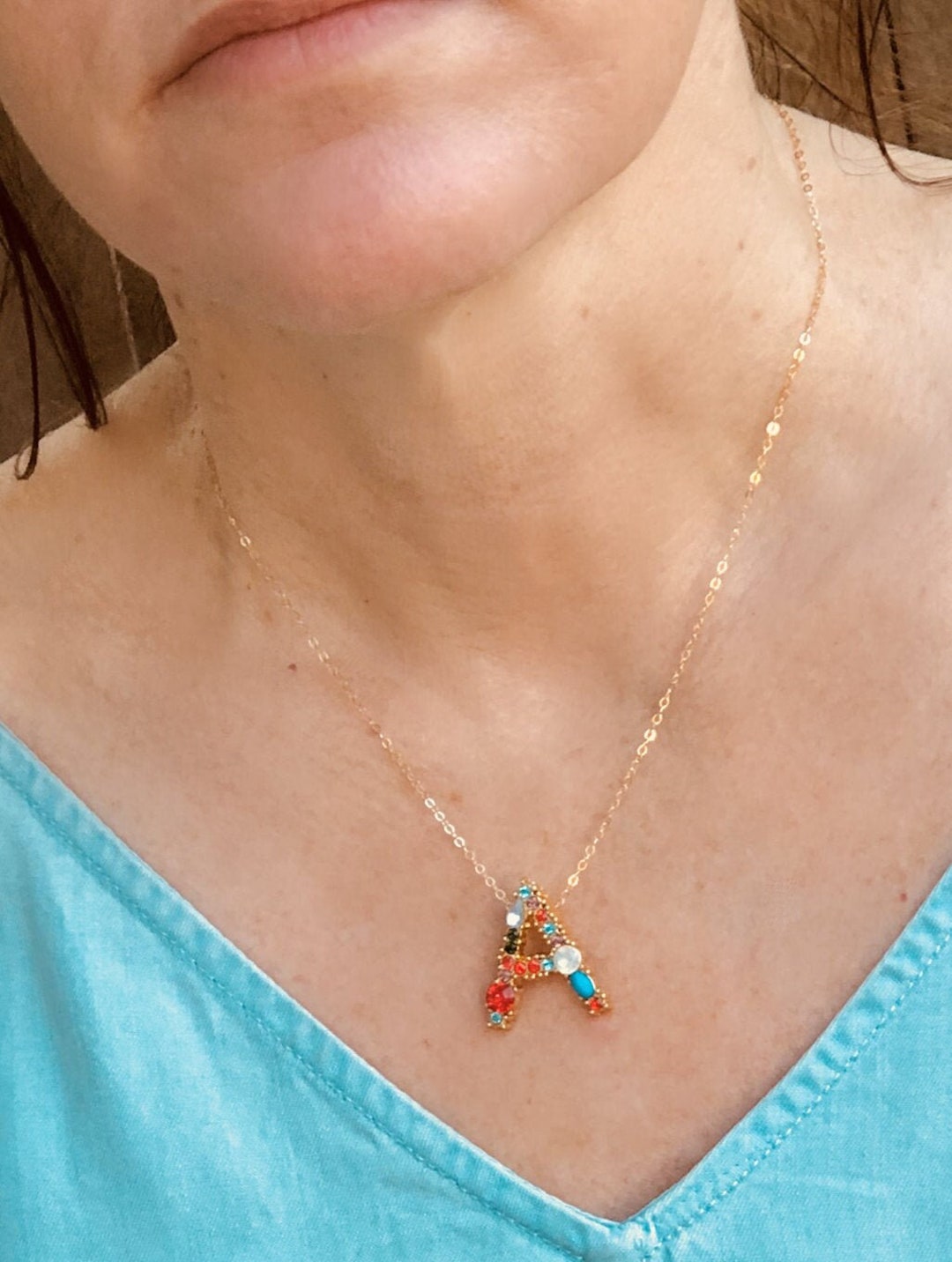 Letter Necklace Rainbow Initial Necklace Jeweled Initial - Etsy